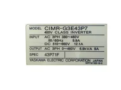 Yaskawa CIMR-G3E43P7 Spec: 43P71F Inverter Varispeed 616G3